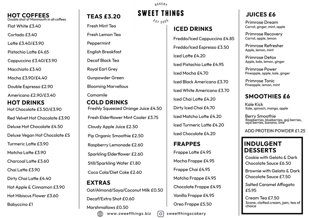 Food & Drinks Menus – Sweet Things Café Bakery