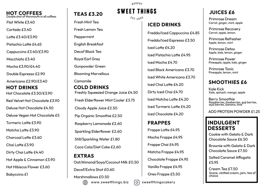 Food & Drinks Menus – Sweet Things Café Bakery