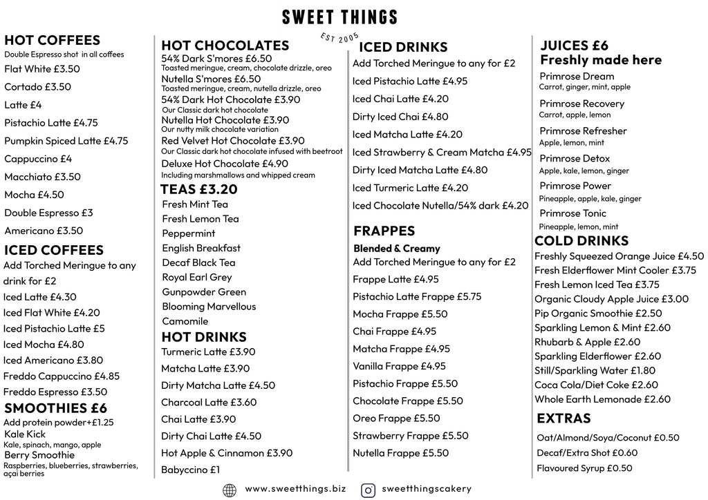 Food & Drinks Menus – Sweet Things Café Bakery